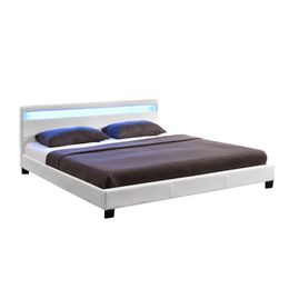 Juskys Polsterbett Paris 160x200 cm – Bett mit LED Beleuchtung & Lattenrost – Doppelbett weiß