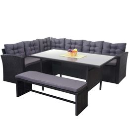 Poly-Rattan-Garnitur MCW-A29, Gartengarnitur Sitzgruppe Lounge-Esstisch-Set, schwarz ~ Kissen dunkelgrau, mit Bank