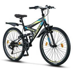 Licorne Bike Strong V Premium Mountainbike in 24 und 26 Zoll - Fahrrad f&uuml;r Jungen, M&auml;dchen, Damen und Herren - Shimano 21 Gang-Schaltung - Vollfederung Farbe:Schwarz/Blau/Lime;Zoll:26