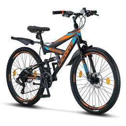 Licorne Bike Strong 2D Premium Mountainbike in 26, 27,5 und 29 Zoll - Fahrrad f&uuml;r Jungen, M&auml;dchen, Damen und Herren - Scheibenbremse vorne und hinten - Shimano 21 Gang-Schaltung - Zoll:26;Farbe:Schwarz/Blau/Orange