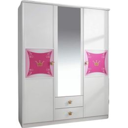 Kleiderschrank Zoe weiß - rosa 3 Türen B 136 cm H 199 cm T 56 cm mit Spiegel und 2 Schubladen