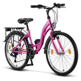 Licorne Bike Stella Premium City Bike 20,24,26 und 28 Zoll Fahrrad f&uuml;r M&auml;dchen Herren und Damen 21 Gang (6 Gang bei 20 Zoll) Holland Citybike Farbe:Rosa;Zoll:24