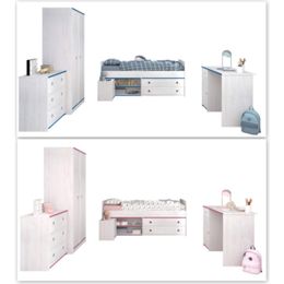 Kinderzimmer Smoozy Parisot 5-tlg Bett + Nachtkommode + Schreibtisch + Kleiderschrank + Kommode weiß