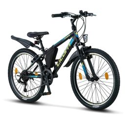 Licorne Bike Guide Premium Mountainbike in 20, 24 und 26 Zoll - Fahrrad f&uuml;r M&auml;dchen, Jungen, Herren und Damen - Shimano 21 Gang-Schaltung, Kinderfahrrad, Kinder Farbe:Schwarz/Blau/Lime;Zoll:24