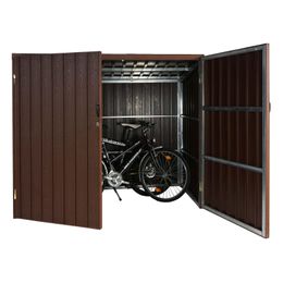 WPC-Fahrradgarage MCW-J29, Ger&auml;teschuppen Fahrradbox, Metall Holzoptik abschlie&szlig;bar ~ 2 R&auml;der 172x213x112cm braun