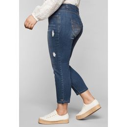 sheego Große Größen: Slim Fit Jeans in 7/8-Länge mit Destroyed-Effekten, blue Denim, Gr.54