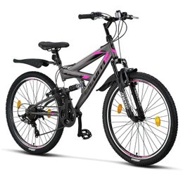Licorne Bike Strong V Premium Mountainbike in 24 und 26 Zoll - Fahrrad f&uuml;r Jungen, M&auml;dchen, Damen und Herren - Shimano 21 Gang-Schaltung - Vollfederung Zoll:26;Farbe:Anthrazit/Rosa
