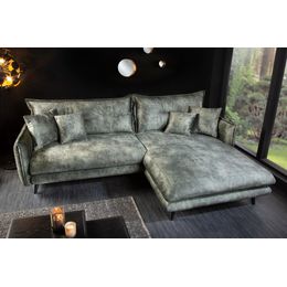 Riess Ambiente Design Ecksofa SHIVA 250cm moosgrün Microvelours Couch inklusive Zierkissen schwarze Füße