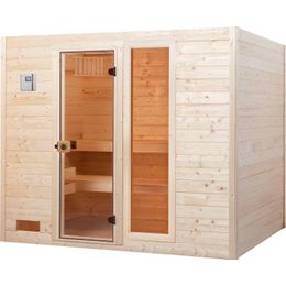 Weka Sauna Valida E 4, BxTxH: 239 x 189 x 203,5 cm, 38 mm, Komplettset, inkl. Ofen und digitaler Steuerung, Eck, 7,5 OS, Str, beige