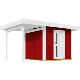 Weka Gartenhaus Designhaus 172 A, BxT: 430x314 cm, (Set), mit Anbaudach, rot|weiß