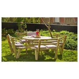 Kombi Picknicktisch rund aus druckimprägniertem Kiefer- und Fichtenholz - Set aus Gartentisch und 4 Gartenbänken in Größe 237 x 72 cm