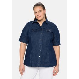 sheego Große Größen: Jeansbluse mit Hemdkragen und Brusttaschen, dark blue Denim, Gr.40