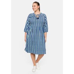 sheego Große Größen: Jerseykleid mit Streifen, Bindeband am Ausschnitt, royalblau-weiß, Gr.46