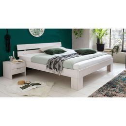 Betten Duscher Bett Tanu Massivholzbett stabil 140x200 cm weiß mit Holzstruktur, Einzelbett