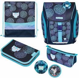 Herlitz Schulranzen FiloLight Plus, Flower Owl (Set, 6-tlg), mit Sportbeutel, Etui, Faulenzer und Sportbeutel, blau