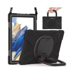 Wigento Tablet-Hülle Für Samsung Galaxy Tab A8 2021 X205 X200 aufstellbare Outdoor Hybrid Schwarz 360 Grad mit Trage Gurt Tablet Tasche Etuis Cover Case Schutz Robust Neu