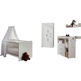BMG Möbel Babyzimmer-Komplettset Lea, (Set, 4-St., Bett, Wickelkommode, Schrank, Wandboard), Bett + Wickelkommode + 3-trg. Schrank + Wandboard, weiß