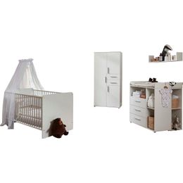 BMG Möbel Babyzimmer-Komplettset Lea, (Set, 6-St., Bett, Wickelkommode, Unterbauregale, Schrank, Wandboard), Bett + Wickelkommode + 2x Unterbauregal + 3-trg. Schrank + Wandboard, weiß