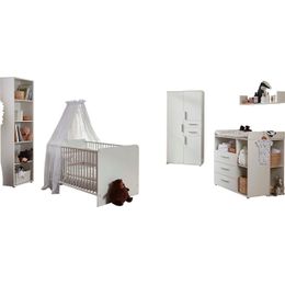 BMG Möbel Babyzimmer-Komplettset Lea, (Set, 7-St., Bett, Wickelkommode, Schrank, Standregal, Unterstellregale, Wandboard), Bett + Wickelkommode + 3-trg. Schrank + Standregal + Wandboard, weiß