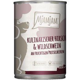 MjAMjAM kulinarischer Hirsch&Wildschwein an Preiselbeeren Hunde-Nassfutter getreidefrei 6x400g