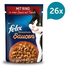 FELIX Sensations Saucen mit Rind & Tomate Katzen-Nassfutter ohne künstliche Aroma- und Farbstoffe 26x85g