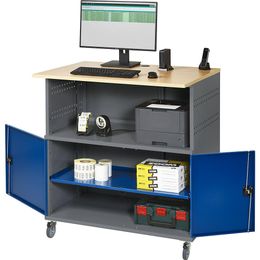 Rau PC-Tisch, mit durchgehendem Fachboden, mit Fahrsatz, anthrazit-metallic / enzianblau RAL 5010