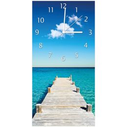 Wallario Wanduhr Steg am tropischen Meer (Uhr aus Acryl), grün, mit weißen Zeigern