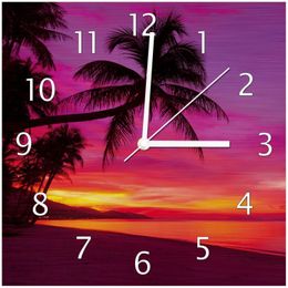 Wallario Wanduhr Abendrot unter Palmen - pinker Himmel am Strand (Aluverbunduhr), schwarz, mit weißen Zeigern