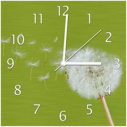 Wallario Wanduhr Pusteblume auf der Wiese mit fliegenden Samen (Aluverbunduhr), gelb, mit weißen Zeigern