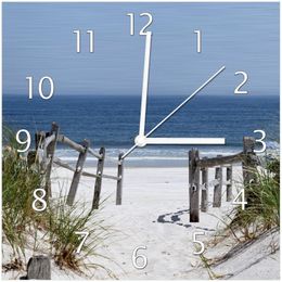 Wallario Wanduhr Blick auf Strand (Aluverbunduhr), blau, mit weißen Zeigern