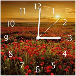 Wallario Wanduhr Mohnblumenwiese bei Sonnenuntergang am Abend (Aluverbunduhr), schwarz, mit weißen Zeigern