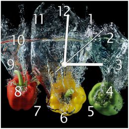 Wallario Wanduhr Paprika-Mix - frische Paprika in rot, gelb und grün im Wasser (Aluverbunduhr), schwarz, mit weißen Zeigern