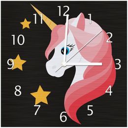 Wallario Wanduhr Einhorn Muster - Süße rosa Einhörner mit Sternen (Aluverbunduhr), mit weißen Zeigern