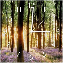 Wallario Wanduhr Blaue Hasenglöckchen im Wald mit Sonnenstrahlen (Aluverbunduhr), gelb, mit weißen Zeigern