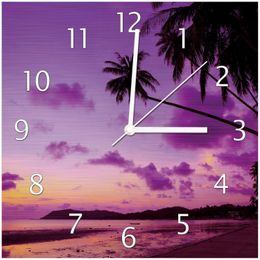 Wallario Wanduhr Sonnenuntergang unter Palmen Himmel in lila und orange (Aluverbunduhr), mit weißen Zeigern