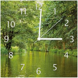 Wallario Wanduhr Spreewald in Brandenburg grüne Wälder und Spiegelungen im Wasser (Aluverbunduhr), gelb, mit weißen Zeigern
