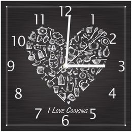 Wallario Wanduhr I Love Cooking - Herz aus Küchenutensilien in schwarz weiß (Aluverbunduhr), mit weißen Zeigern