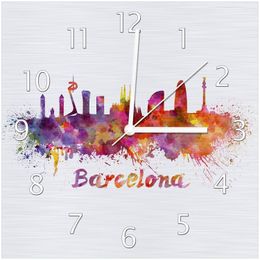 Wallario Wanduhr Städte als Aquarell - Skyline von Barcelona (Aluverbunduhr), weiß, mit weißen Zeigern