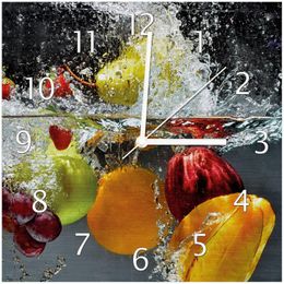Wallario Wanduhr Früchte im und unter Wasser - Splashing Fruits (Aluverbunduhr), schwarz, mit weißen Zeigern