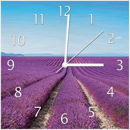 Wallario Wanduhr Lavendelfeld unter blauem Himmel (Aluverbunduhr), mit weißen Zeigern