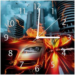 Wallario Wanduhr Brennendes fahrendes Auto (Aluverbunduhr), schwarz, mit weißen Zeigern