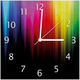 Wallario Wanduhr Bunte Regenbogenstreifen auf Schwarz (Aluverbunduhr), mit weißen Zeigern