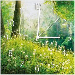 Wallario Wanduhr Pusteblumen im Wald mit einfallenden Sonnenstrahlen (Aluverbunduhr), gelb, mit weißen Zeigern