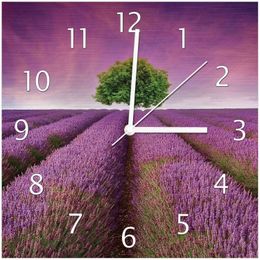 Wallario Wanduhr Lila Blumenfeld (Aluverbunduhr), rot, mit weißen Zeigern