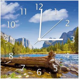 Wallario Wanduhr Baumstamm im Fluss zwischen Bergen und Wäldern (Aluverbunduhr), gelb, mit weißen Zeigern