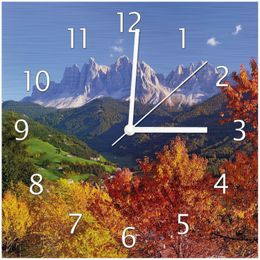 Wallario Wanduhr Herbst im Gebirgstal unter blauem Himmel (Aluverbunduhr), mit weißen Zeigern
