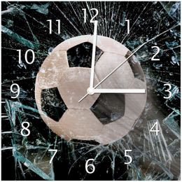 Wallario Wanduhr Fußball - im Fenster, Splitter und Glas (Aluverbunduhr), schwarz, mit weißen Zeigern