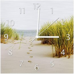 Wallario Wanduhr Spuren im Sand- Fußspuren durch die Düne zum Meer (Aluverbunduhr), gelb, mit weißen Zeigern
