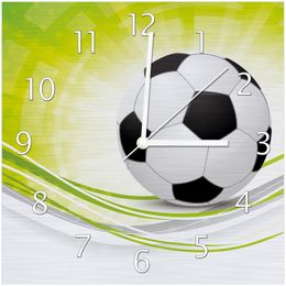 Wallario Wanduhr Fußball - grün weiße Wellen Muster (Aluverbunduhr), mit weißen Zeigern