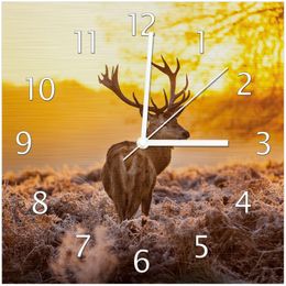 Wallario Wanduhr stattlicher Rothirsch im Morgengrauen (Aluverbunduhr), gelb, mit weißen Zeigern